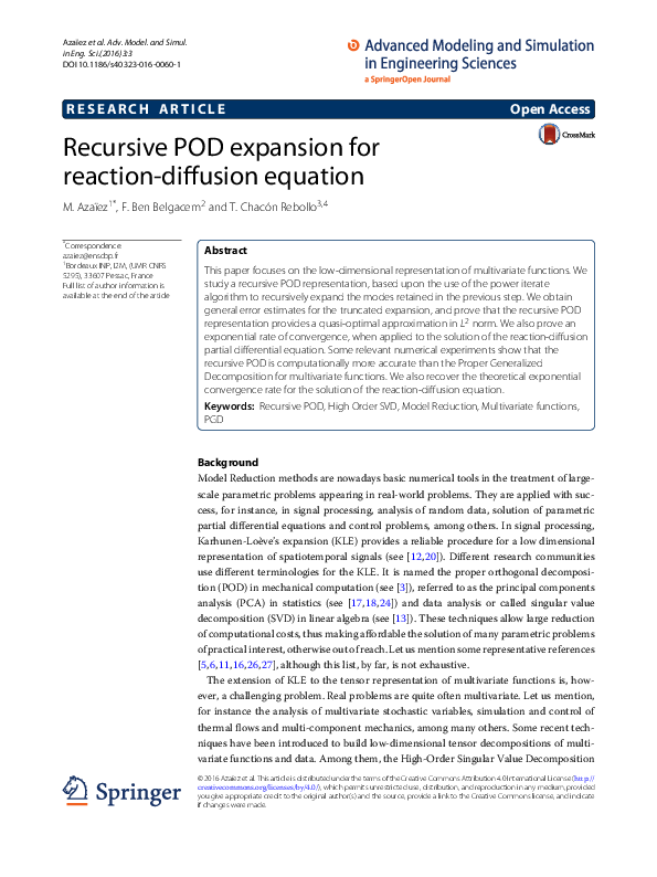 (PDF) Recursive POD expansion for reaction-diffusion equation