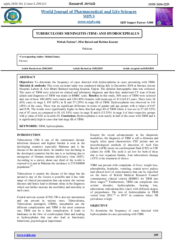 (PDF) Tuberculosis Meningitis (TBM) and Hydrocephalus | Mehak Fatima - Academia.edu