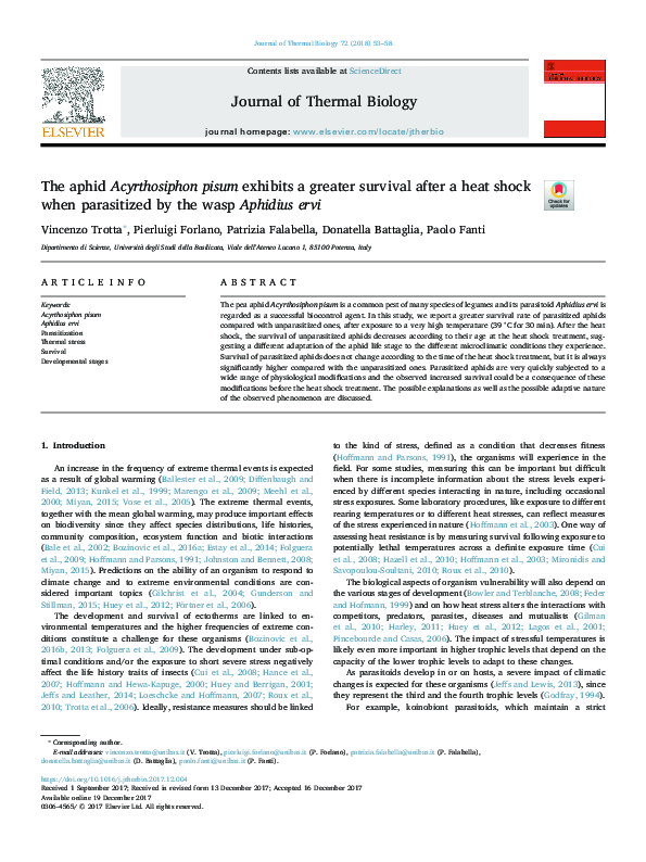 The aphid Acyrthosiphon pisum exhibits a greater survival after a heat ...