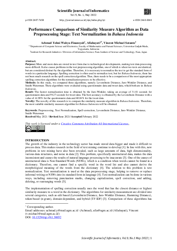 (PDF) Performance Comparison of Similarity Measure Algorithm as Data Preprocessing Stage: Text ...