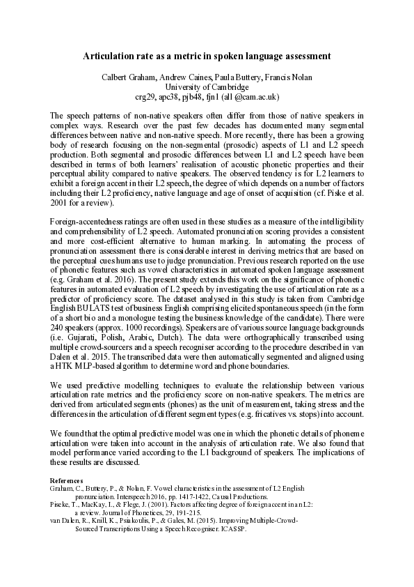 (PDF) Articulation Rate as a Metric in Spoken Language Assessment