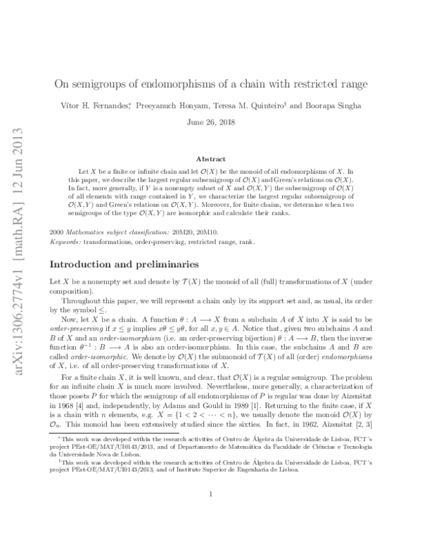 (PDF) On semigroups of endomorphisms of a chain with restricted range