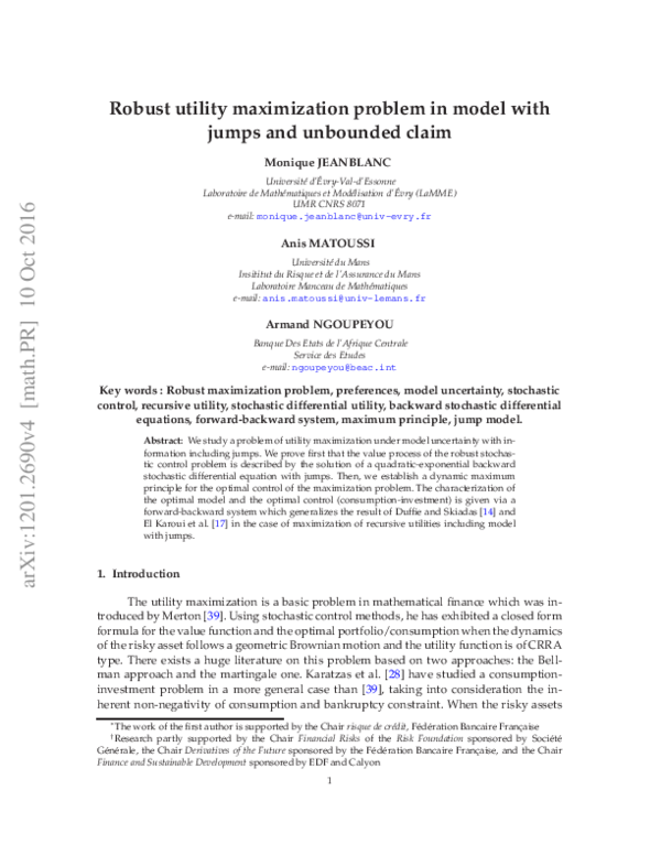 (PDF) Robust utility maximization problem in model with jumps and unbounded claim
