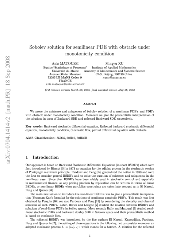 (PDF) Sobolev solution for semilinear PDE with obstacle under ...