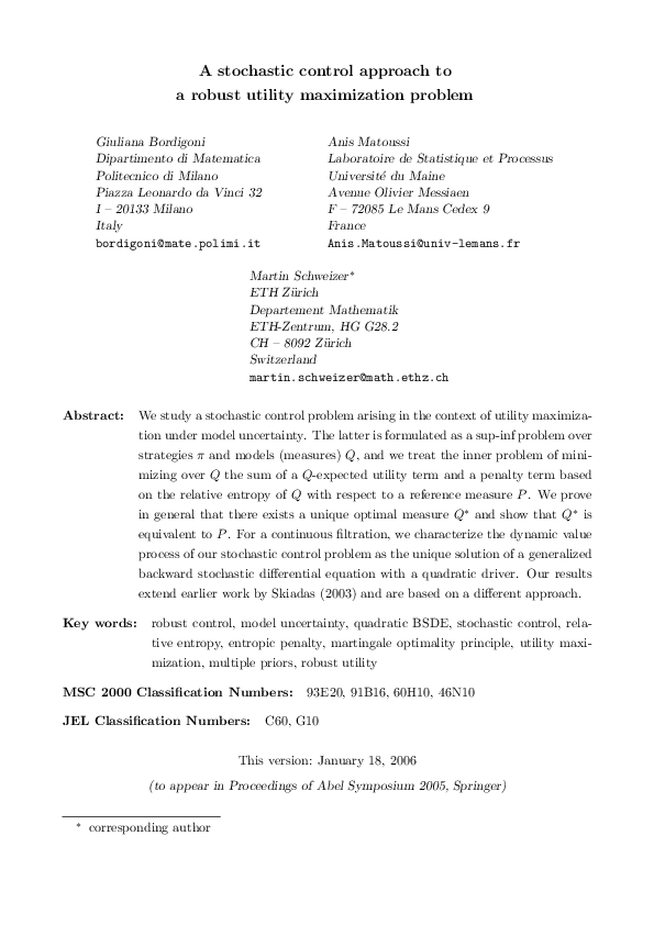 (PDF) A Stochastic Control Approach to a Robust Utility Maximization Problem