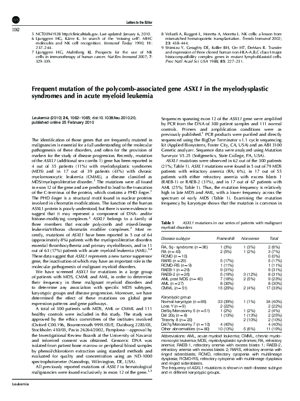 (PDF) Frequent mutation of the polycomb-associated gene ASXL1 in the myelodysplastic syndromes ...