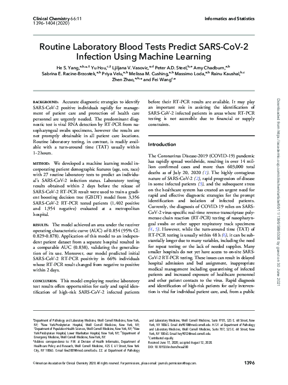 (PDF) Routine laboratory blood tests predict SARS-CoV-2 infection using ...