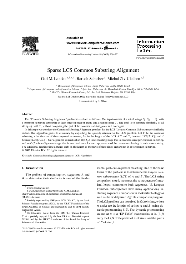 (PDF) Sparse LCS Common Substring Alignment | Michal Ziv-ukelson ...