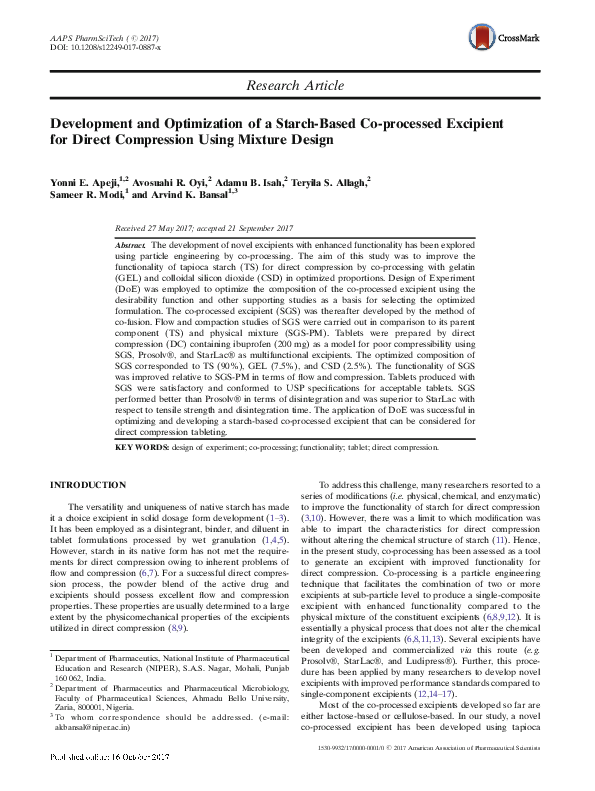 Pdf Development And Optimization Of A Starch Based Co Processed Excipient For Direct