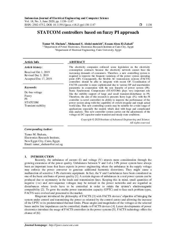 (PDF) STATCOM controllers based on fuzzy PI approach | tamer shehata - Academia.edu