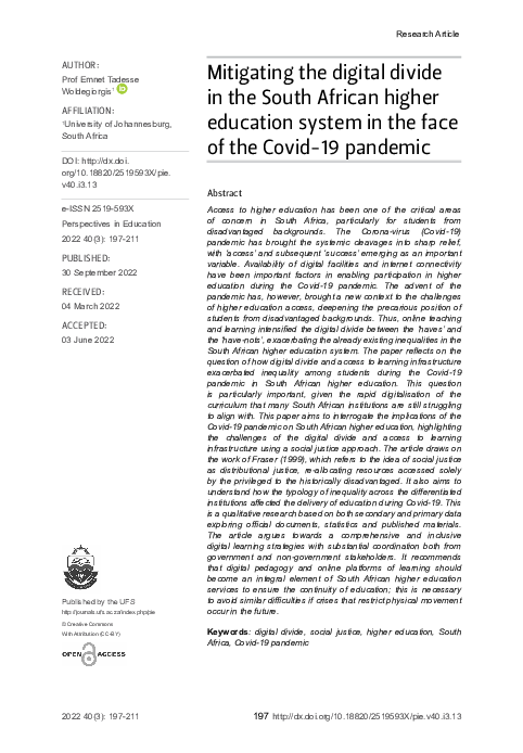 (PDF) Mitigating the digital divide in the South African higher education system in the face of ...