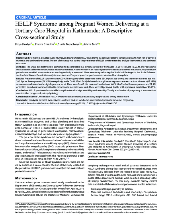 (PDF) HELLP Syndrome among Pregnant Women Delivering at a Tertiary Care ...