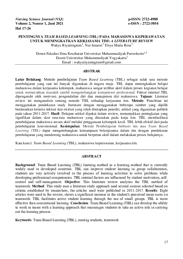 (PDF) Pentingnya Team Based Learning (TBL) Pada Mahasiswa Keperawatan Untuk Meningkatkan ...