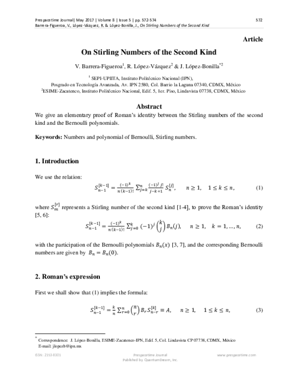 (PDF) Stirling numbers of the second kind