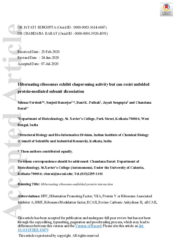 (PDF) Hibernating ribosomes exhibit chaperoning activity but can resist ...