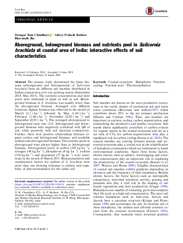 (PDF) Aboveground, belowground biomass and nutrients pool in Salicornia ...