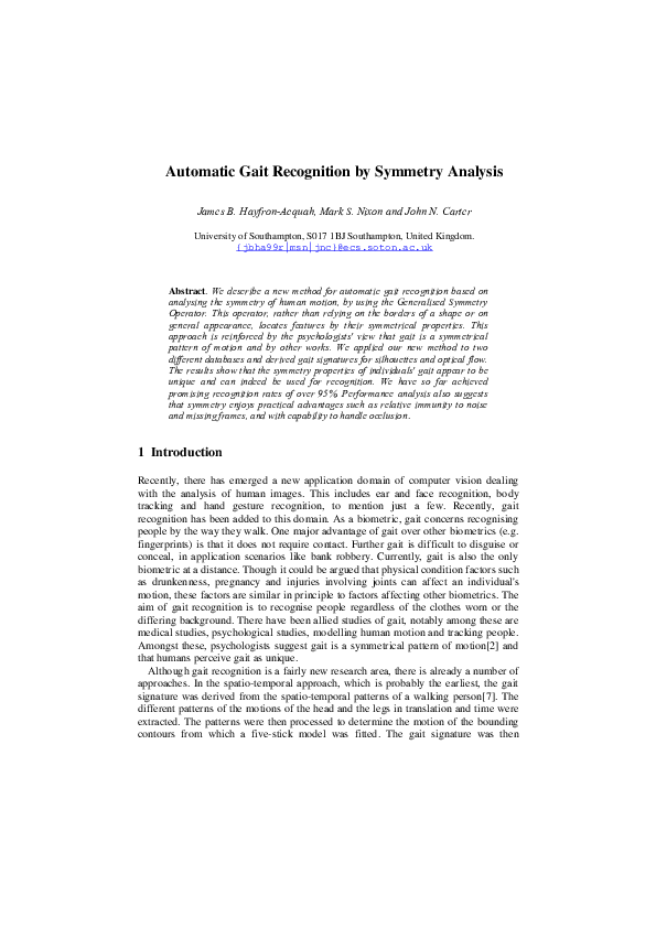 (PDF) Automatic gait recognition by symmetry analysis