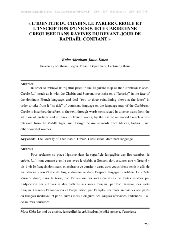(PDF) « L’Identite Du Chabin, Le Parler Creole et L’Inscription D’Une ...