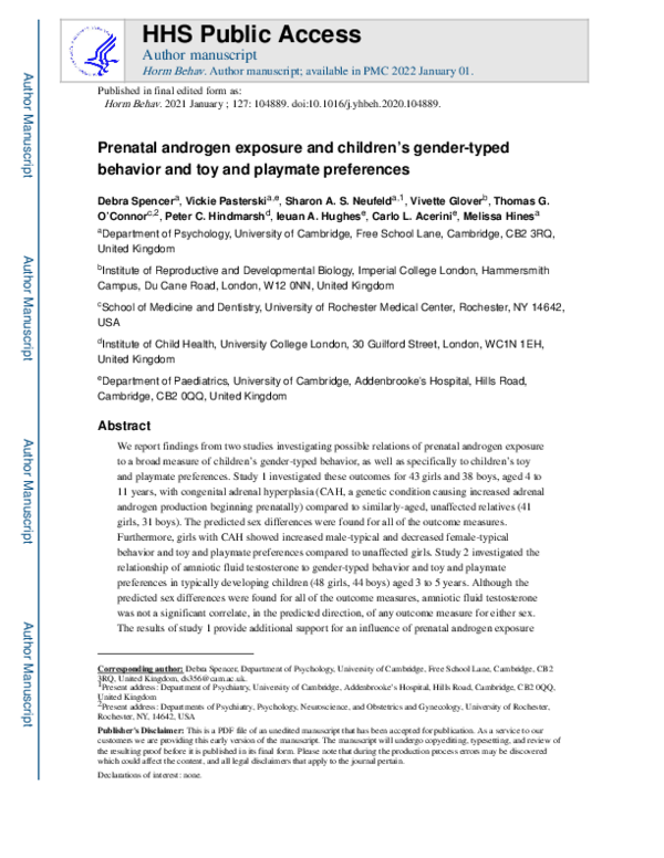 (PDF) Prenatal androgen exposure and children's gender-typed behavior ...