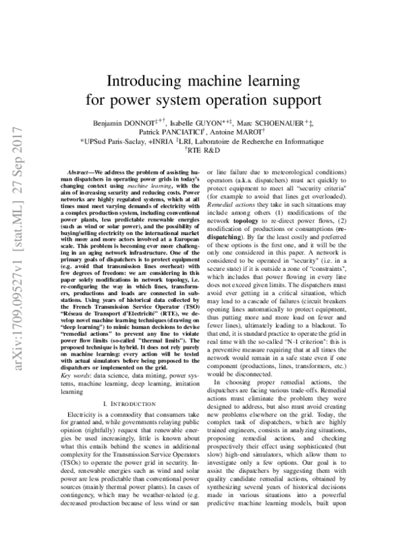 (PDF) Introducing machine learning for power system operation support
