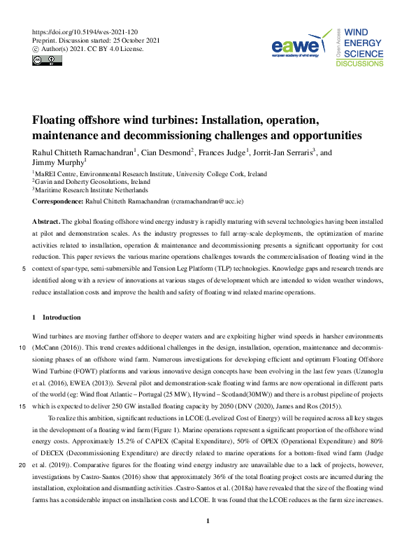 (PDF) Floating offshore wind turbines: Installation, operation ...
