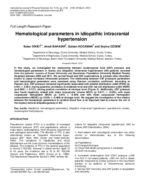 (PDF) Hematological parameters in idiopathic intracranial hypertension