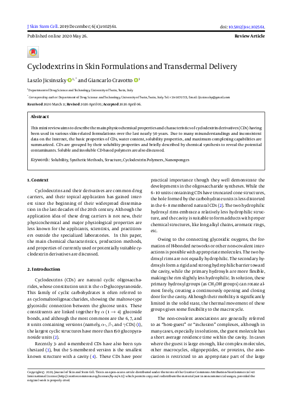 (PDF) Cyclodextrins in Skin Formulations and Transdermal Delivery