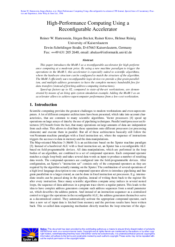 (PDF) High‐performance computing using a reconfigurable accelerator
