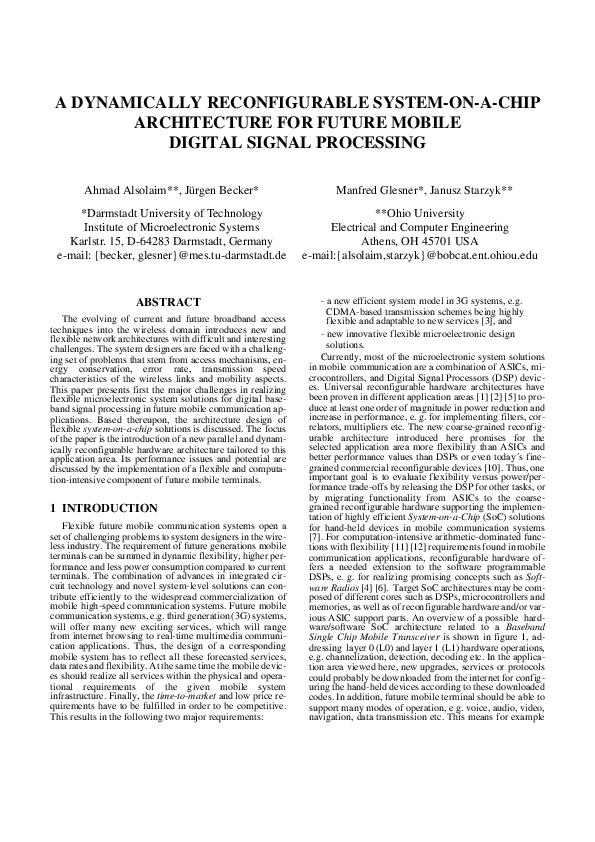 Pdf A Dynamically Reconfigurable System On A Chip Architecture For