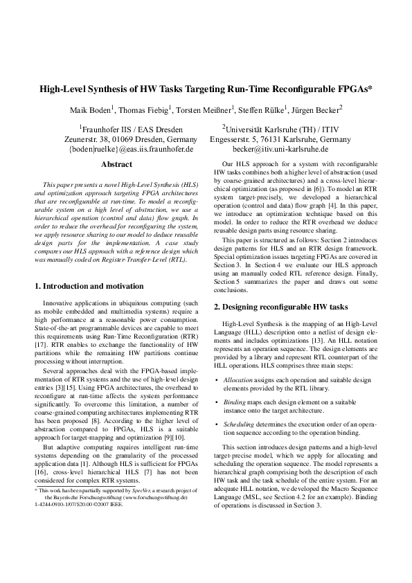 Pdf High Level Synthesis Of Hw Tasks Targeting Run Time