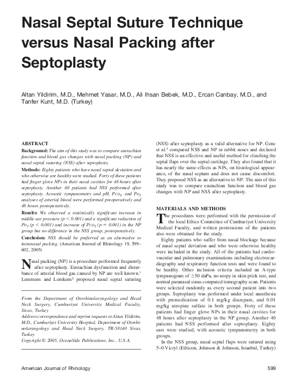 (PDF) Nasal Septal Suture Technique versus Nasal Packing after Septoplasty