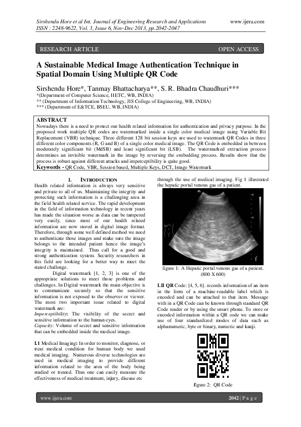 (PDF) A Sustainable Medical Image Authentication Technique in Spatial Domain Using Multiple QR Code