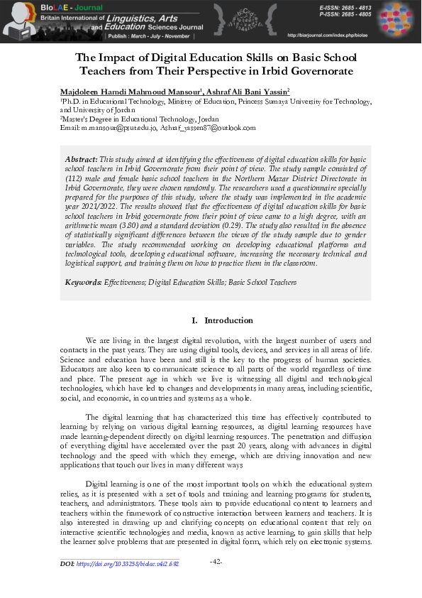 (PDF) The Impact of Digital Education Skills on Basic School Teachers from Their Perspective in ...
