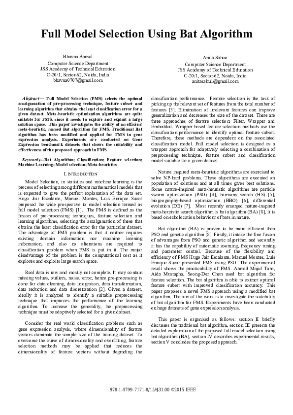 Pdf Full Model Selection Using Bat Algorithm