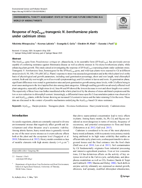 (PDF) Response of hrpZPsph-transgenic N. benthamiana plants under ...