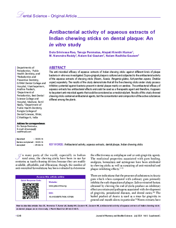 (PDF) Antibacterial activity of aqueous extracts of Indian chewing sticks on dental plaque: An ...