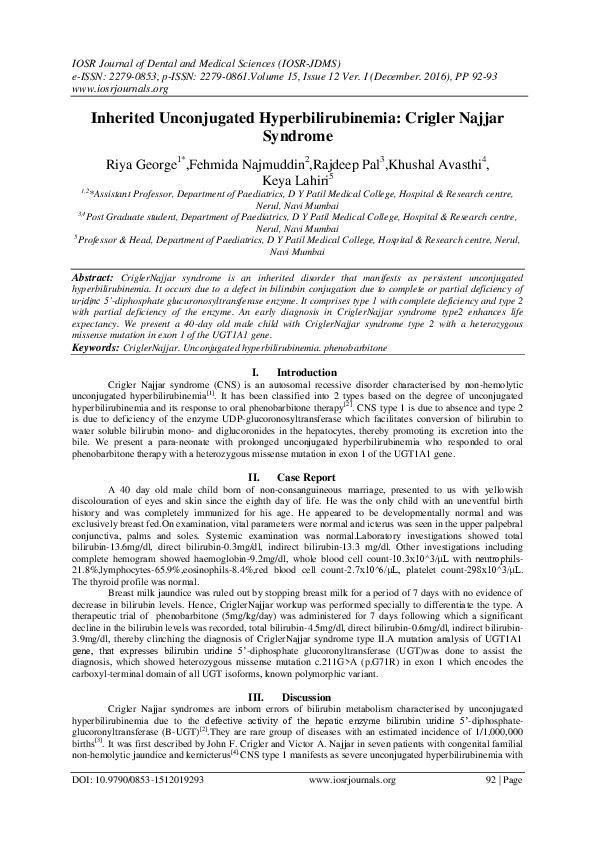 (PDF) Inherited Unconjugated Hyperbilirubinemia : Crigler Najjar Syndrome