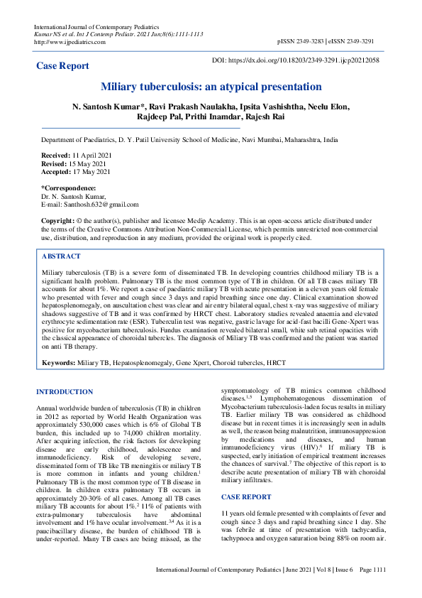 (PDF) Miliary tuberculosis: an atypical presentation