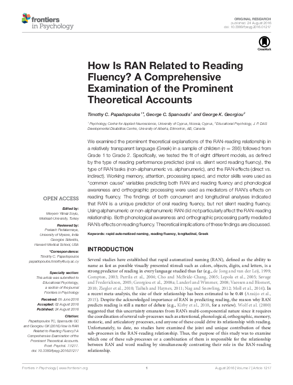(PDF) How Is RAN Related to Reading Fluency? A Comprehensive Examination of the Prominent ...