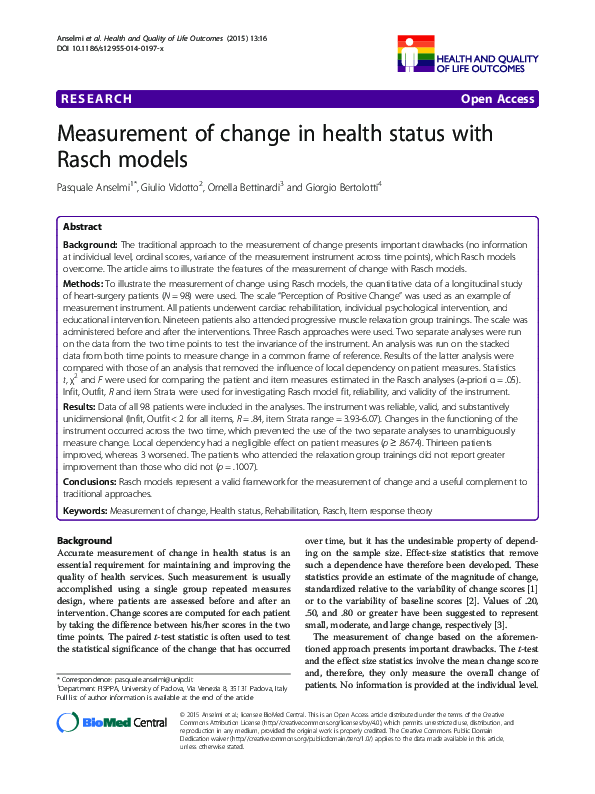 (PDF) Measurement of change in health status with Rasch models