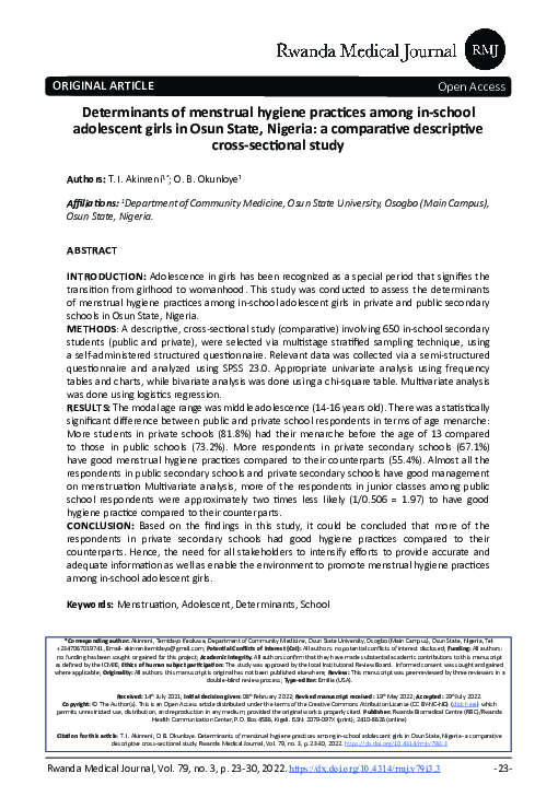 Pdf Determinants Of Menstrual Hygiene Practices Among In School