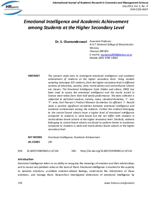 (PDF) Emotional Intelligence and Academic Achievement among Students at the Higher Secondary Level