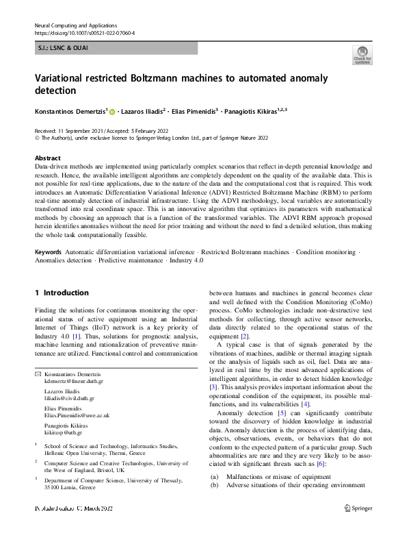 (PDF) Variational restricted Boltzmann machines to automated anomaly detection