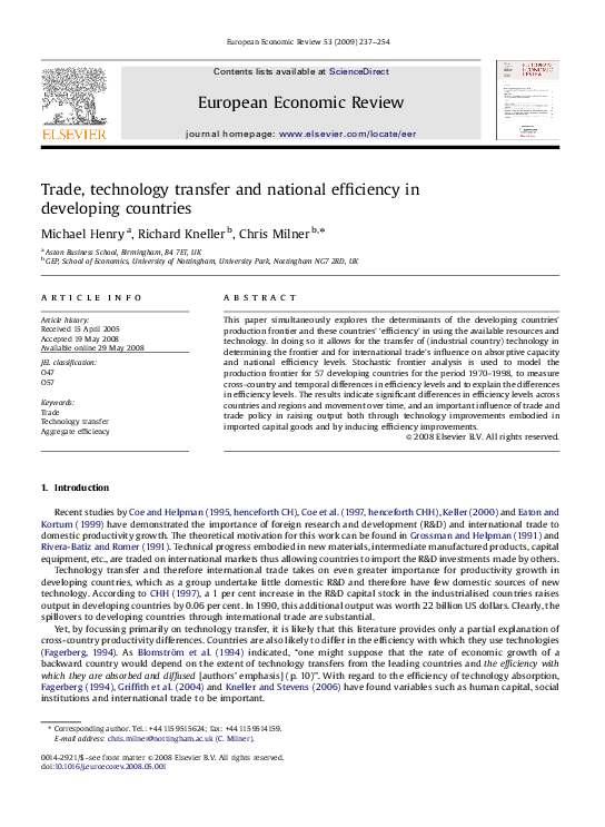 (PDF) Trade, technology transfer and national efficiency in developing ...