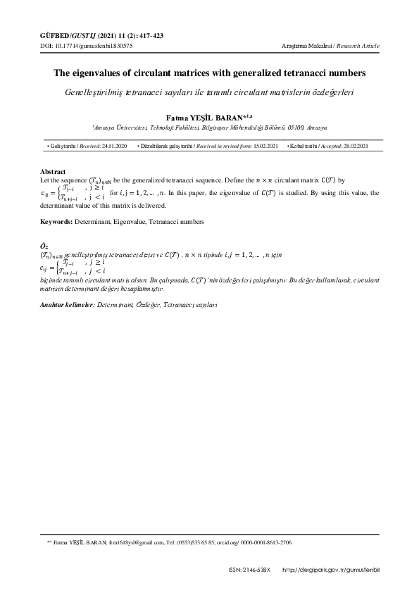 (PDF) Genelleştirilmiş tetranacci sayıları ile tanımlı circulant ...
