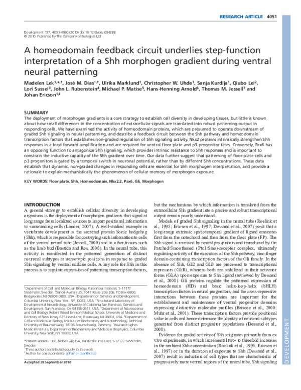 (PDF) A homeodomain feedback circuit underlies step-function interpretation of a Shh morphogen ...