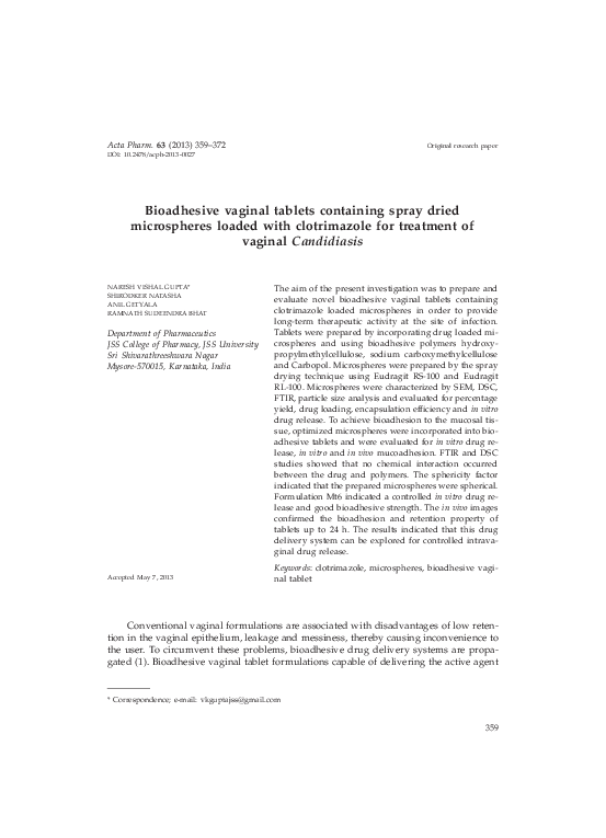 (PDF) Bioadhesive vaginal tablets containing spray dried microspheres ...