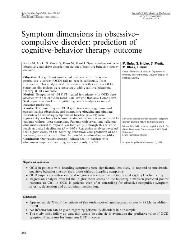 Pdf Symptom Dimensions In Obsessive Compulsive Disorder Prediction