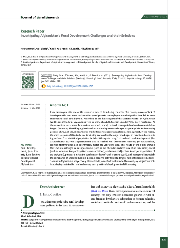 (PDF) Investigating Afghanistan ' s Rural Development Challenges and their Solutions