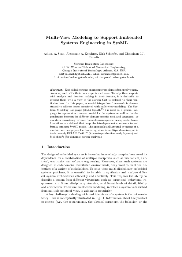 (PDF) Multi-view Modeling to Support Embedded Systems Engineering in SysML